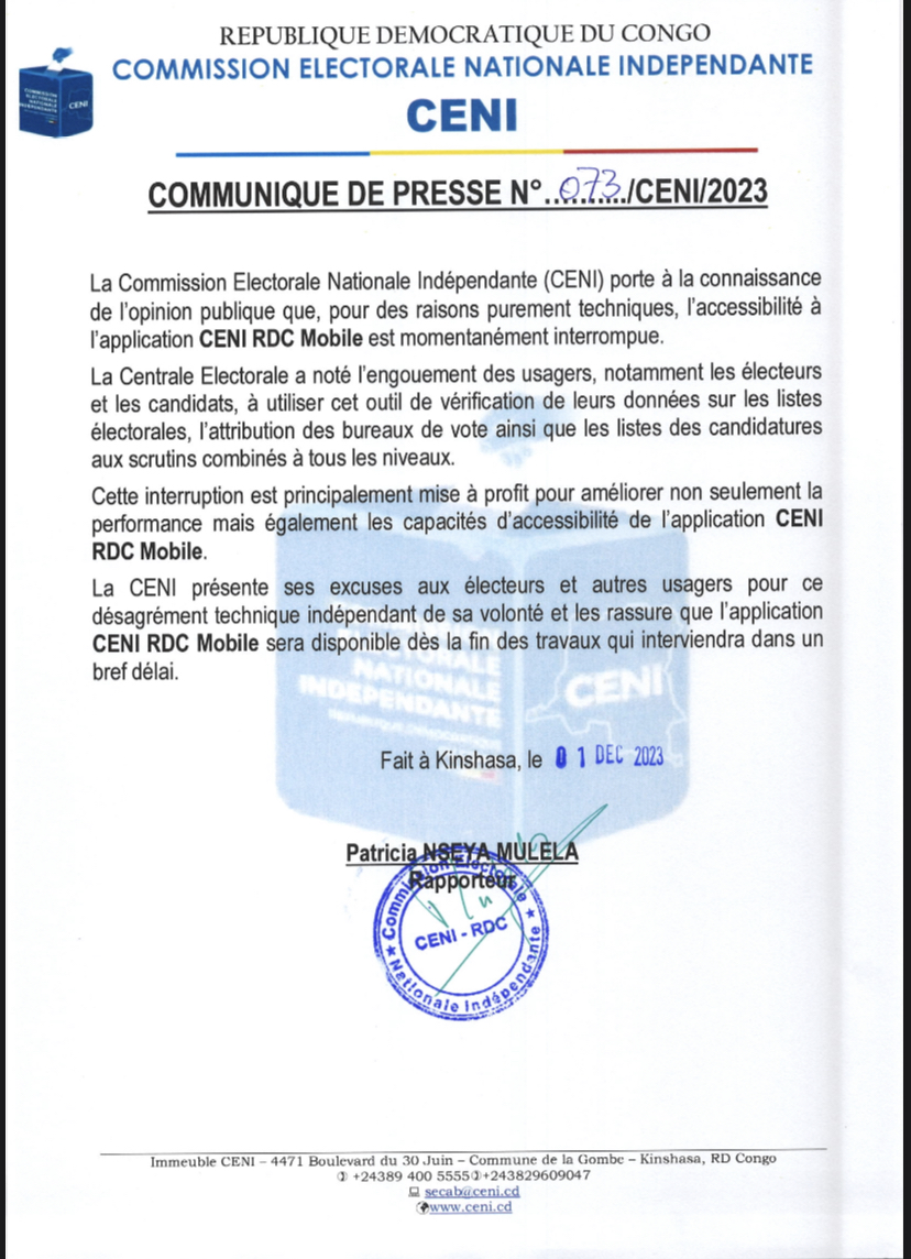 RDC : pour des raisons techniques, l’application CENI RDC Mobile est ...